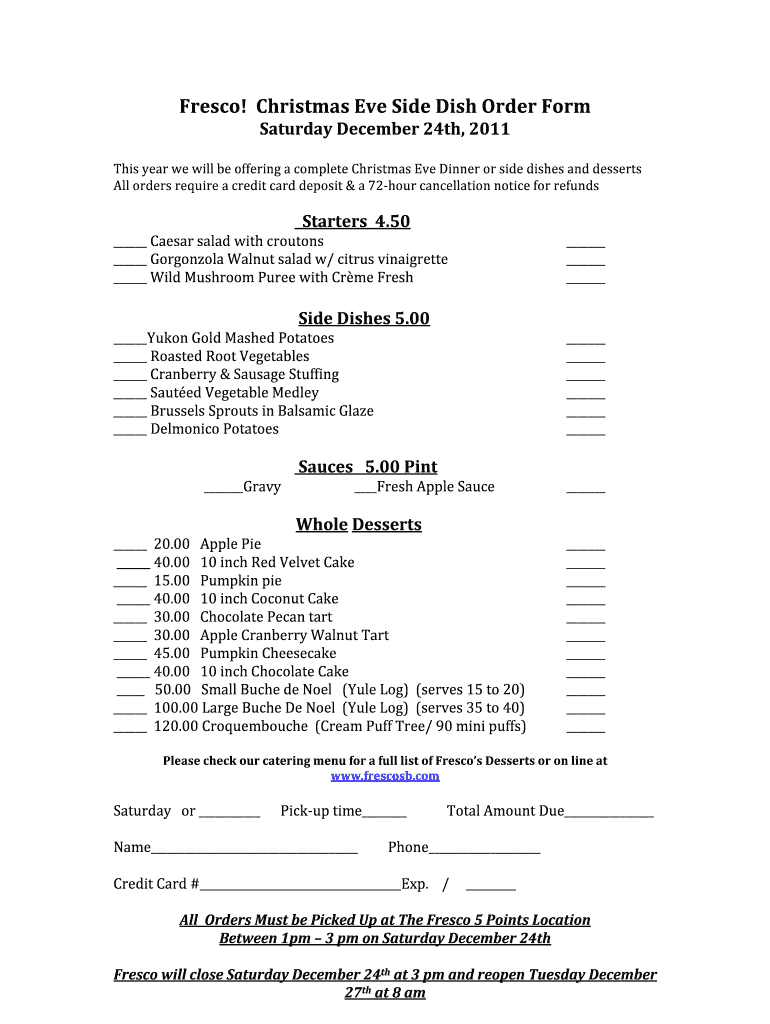 Fillable Online Christmas Eve Side Dish Order Form Fax Email Print - pdfFiller