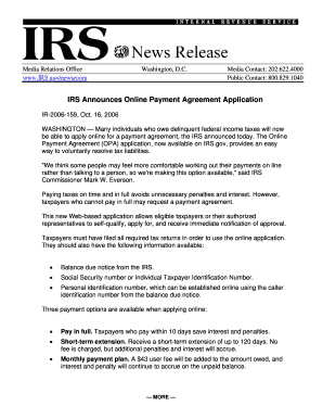 Fillable Online IRS Announces Online Payment Agreement Application Fax ...