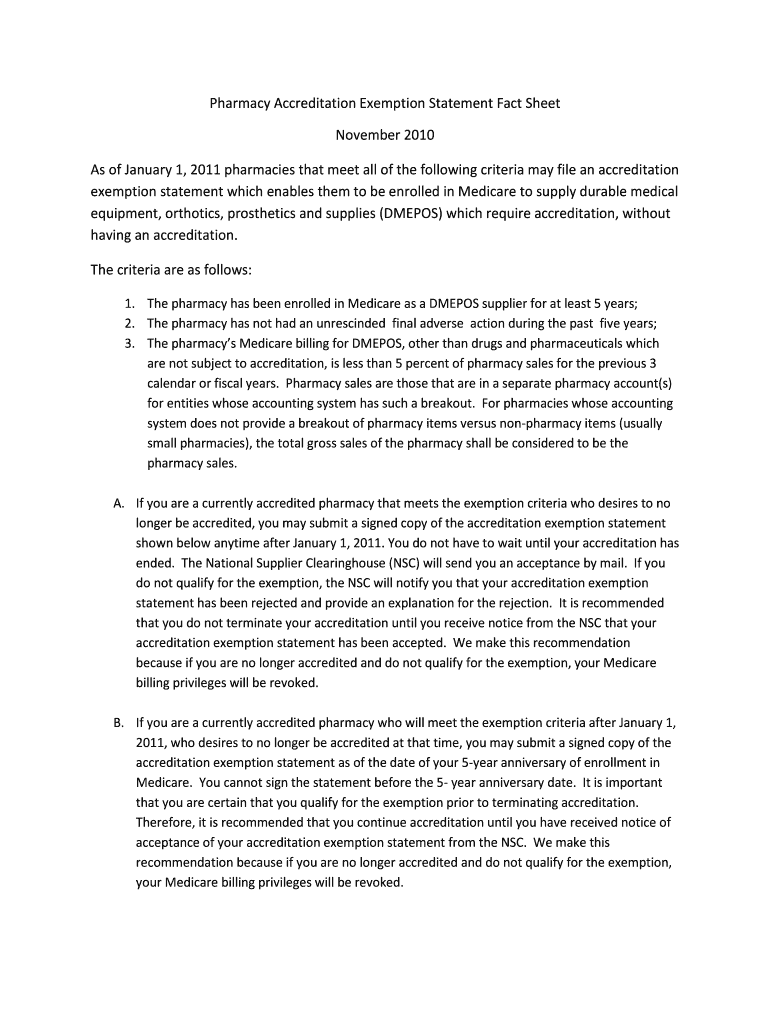 Fillable Online Pharmacy Accreditation Exemption Statement Fax Email ...