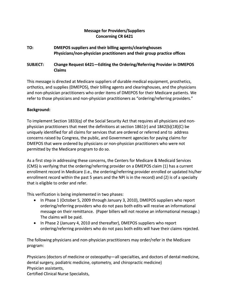 Fillable Online Change Request 6421—Editing the Ordering/Referring Provider in DMEPOS Claims Fax ...
