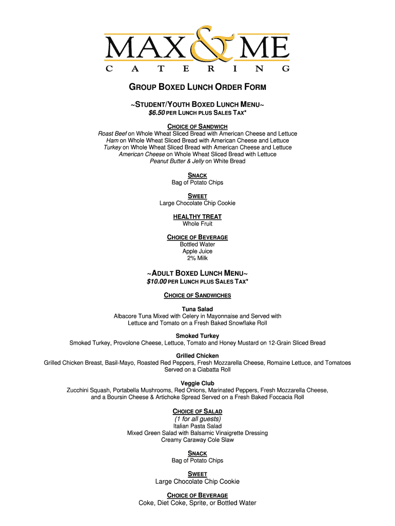 Fillable Online Student/Youth Boxed Lunch Order Form Fax Email Print ...