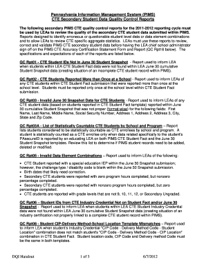 Fillable Online cte ed PIMS CTE Secondary Student data Quality Control ...