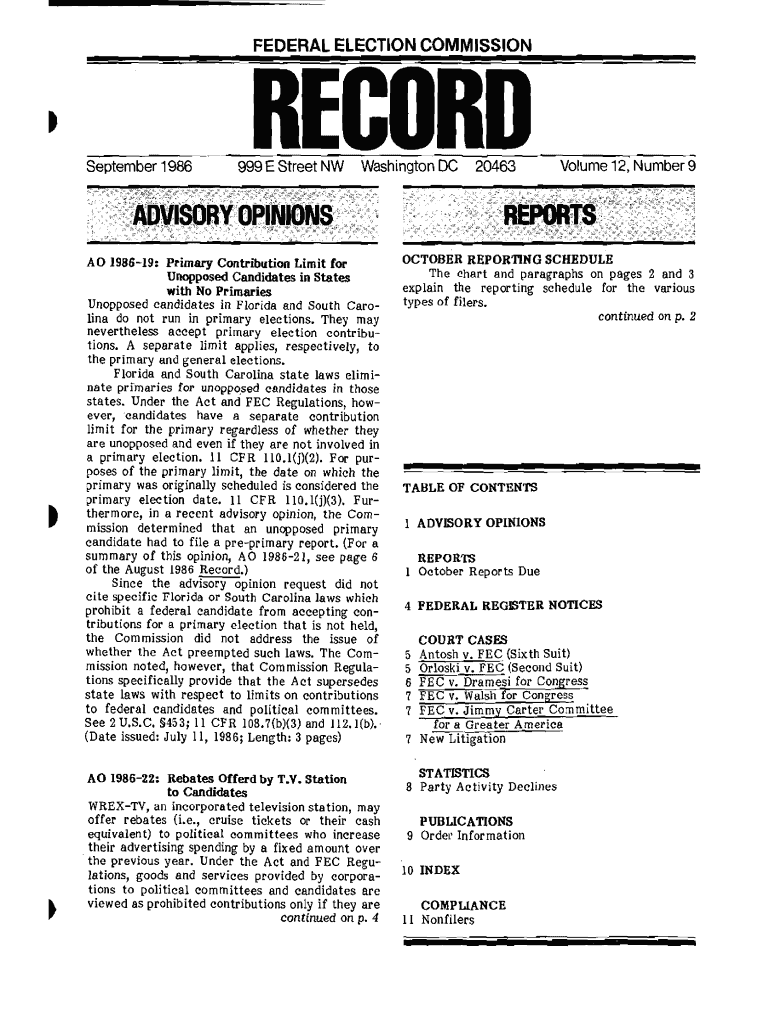 FEDERAL ELECTION COMMISSION September 1986 999 E Street NW Washington ...