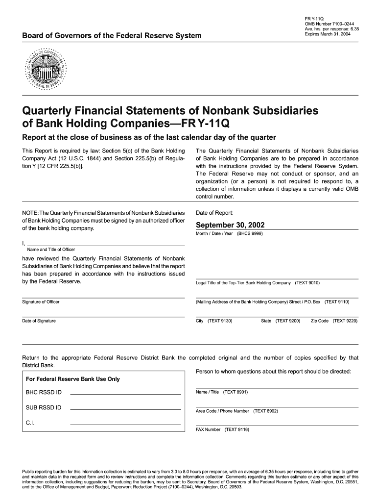 Quarterly Financial Statements of Nonbank Subsidiaries of Bank ...