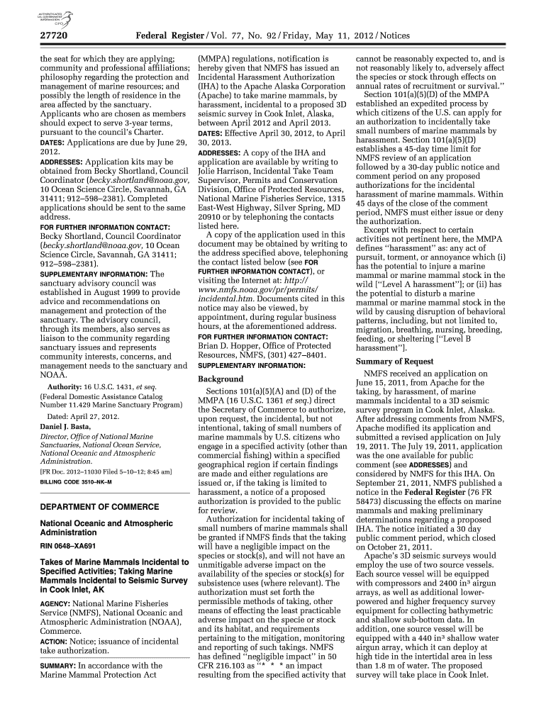 Fillable Online Notice of Incidental Harassment Authorization for Marine Mammals during Seismic ...