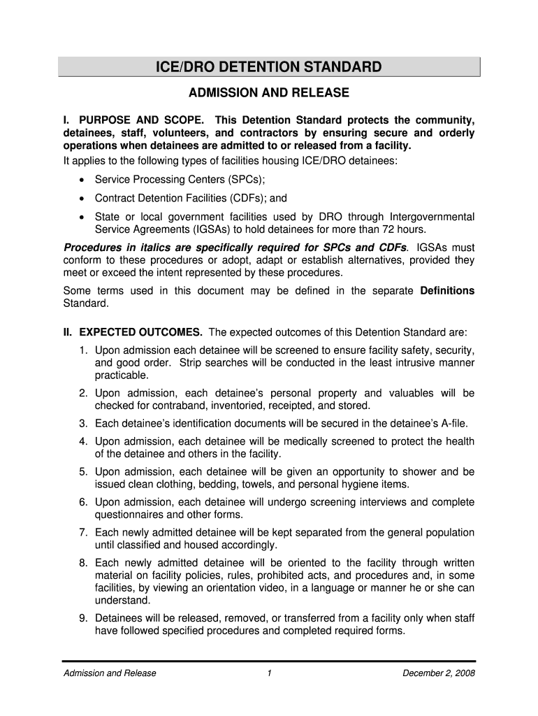 Fillable Online ICE/DRO Detention Standard for Admission and Release ...