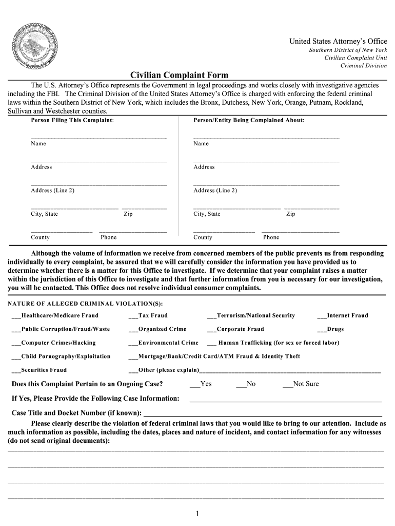 Fillable Online Civilian Complaint Form for Criminal Violations Fax ...