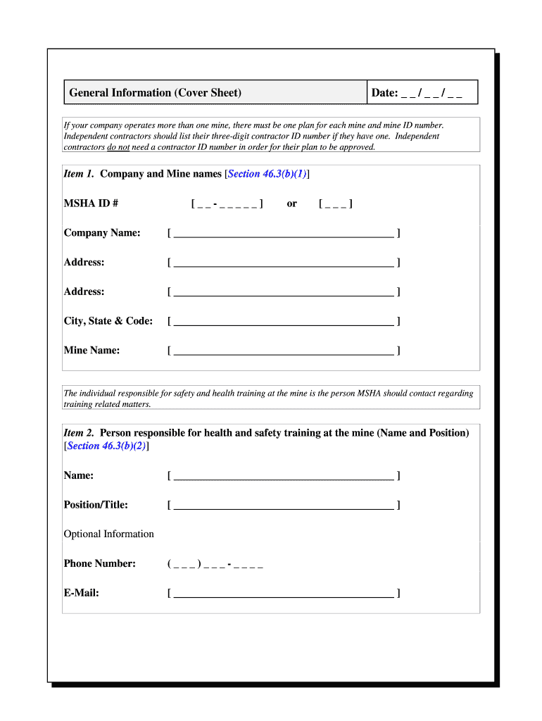 Fillable Online Mine Safety and Health Training Plan Cover Sheet Fax ...
