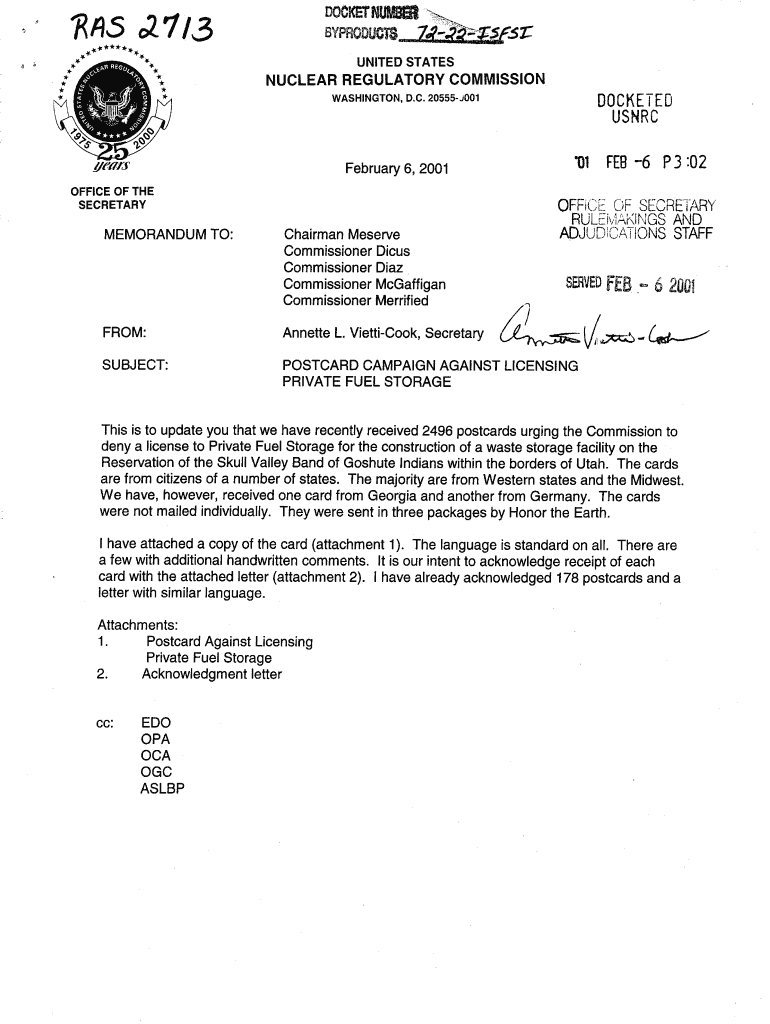 2001 02 06-SECY Memorandum to Commission re Postcard - NRC - pbadupws ...
