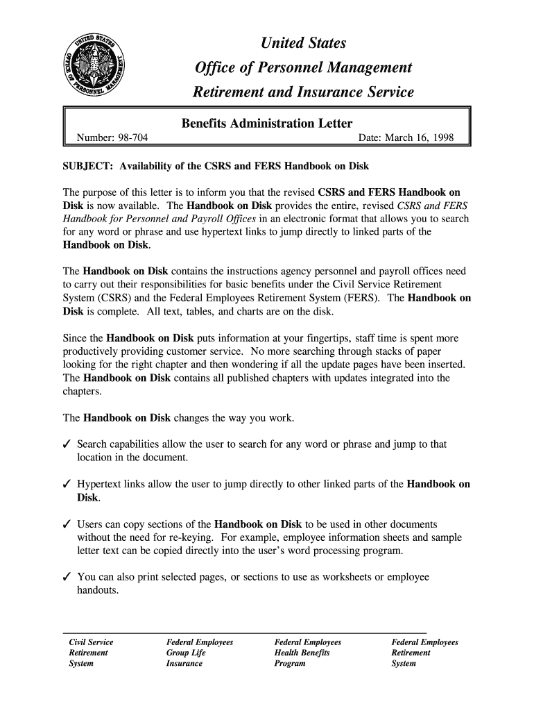 Fillable Online Availability of the CSRS and FERS Handbook on Disk Fax ...