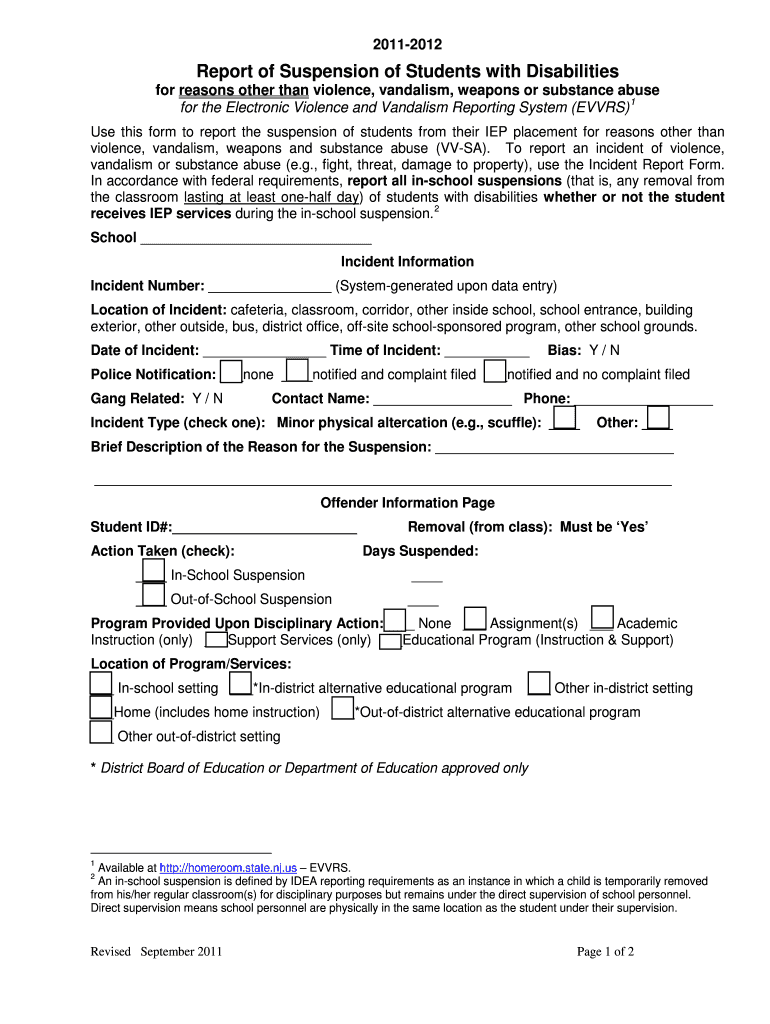 Fillable Online Report of Suspension of Students with Disabilities for ...