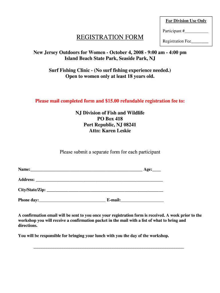 Fillable Online Registration Form for Surf Fishing Clinic Fax Email ...