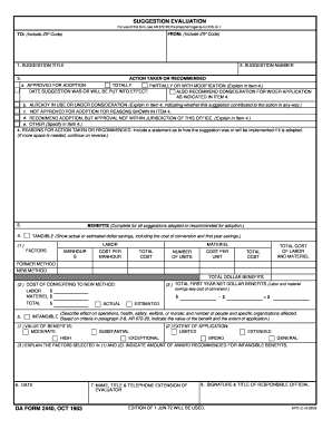 Fillable Online armypubs army SUGGESTION EVALUATION. DA FORM 2440, OCT ...