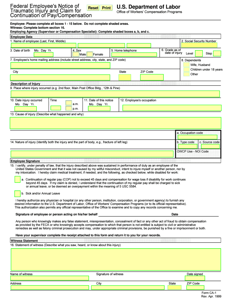 Fillable Online Form CA-1: Traumatic Injury and Claim for Continuation ...