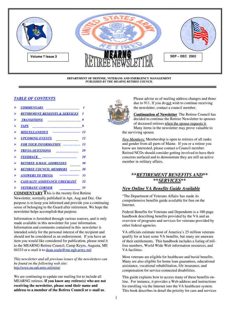 Fillable Online Retiree Newsletter - Department of Defense, Veterans ...