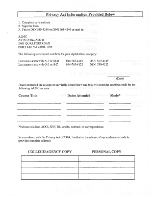 Fillable Online almc army Privacy Act Information Provided Below Fax ...