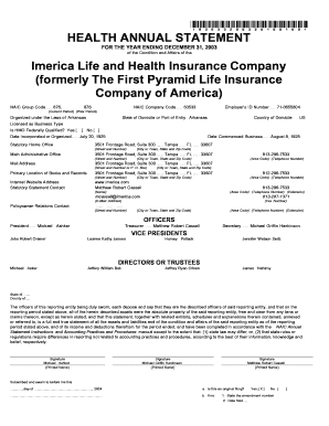 Fillable Online insurance arkansas HEALTH ANNUAL STATEMENT Imerica Life ...