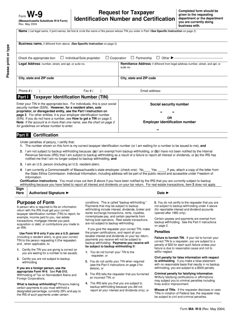 MA Substitute W 9 2004 Fill Out Tax Template Online US Legal Forms