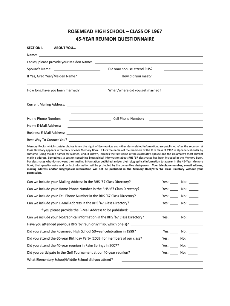 Fillable Online Rosemead high school class of 1967 45-year reunion ...