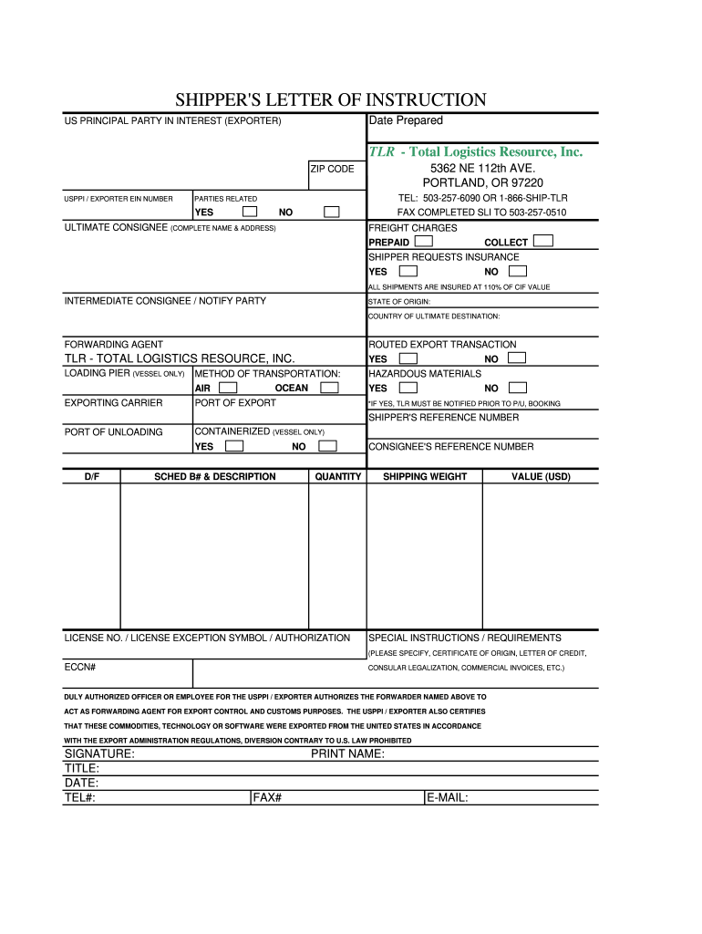 Blank Shipper s Letter Of Instruction Pdf Fill Online Printable 