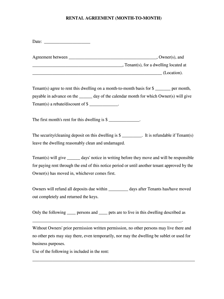 Month To Month Rental Agreement Free Template Printable Form 