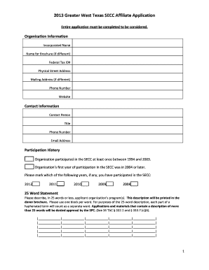 Fillable Online depts ttu 2013 Greater West Texas SECC Affiliate ...