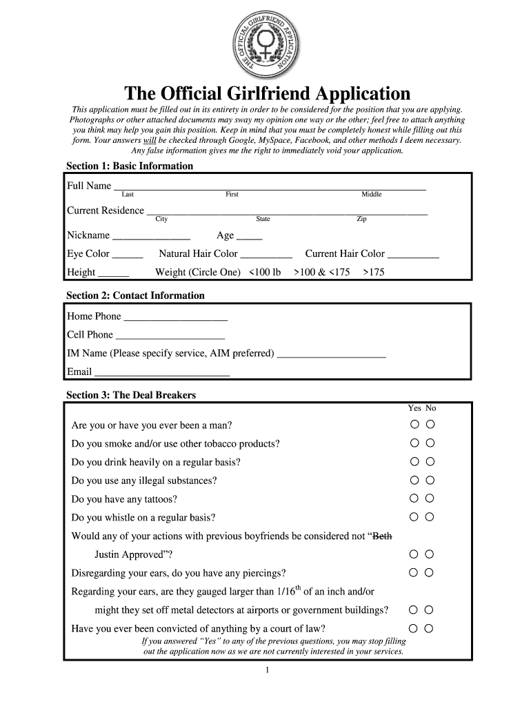 The Official Girlfriend Application Fill And Sign Printable Template 