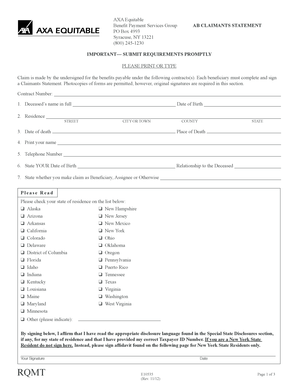 Fillable Online Claimants Statement Form - AXA Equitable Fax Email ...