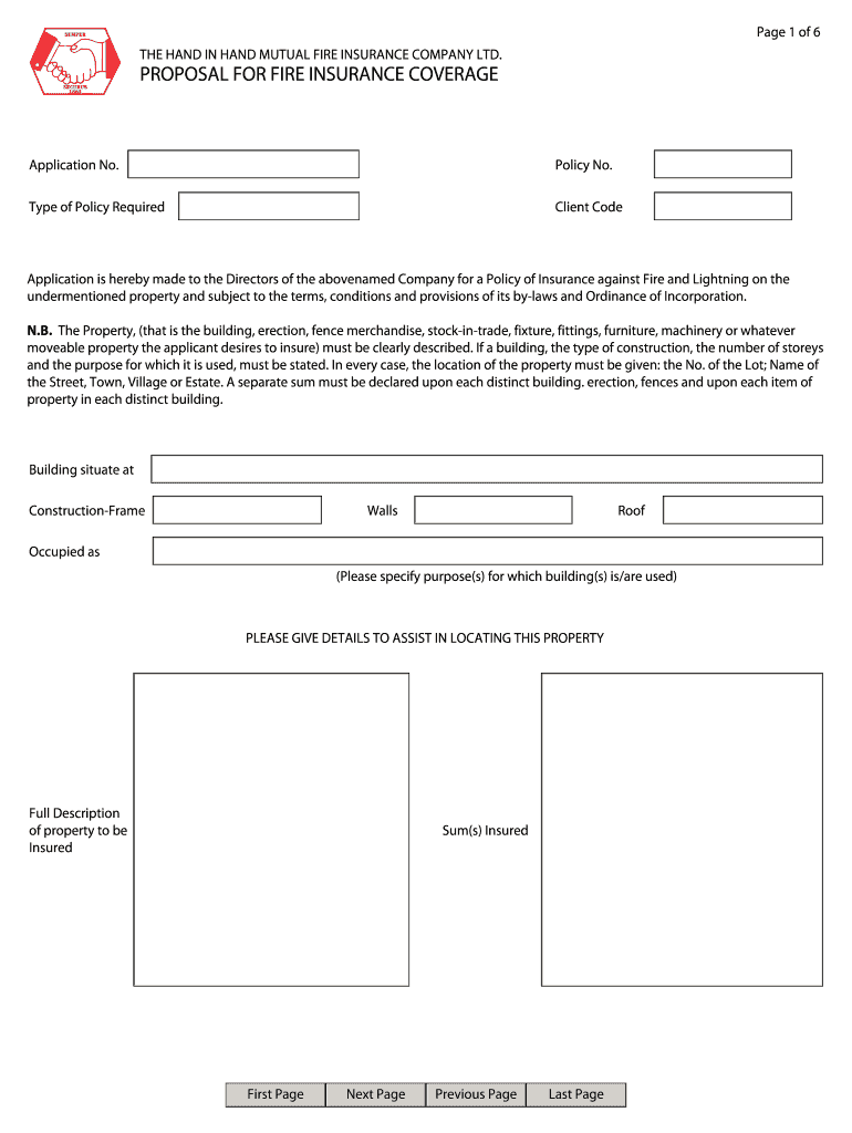 Fillable Online Application for Fire Insurance - Hand in Hand Financial ...