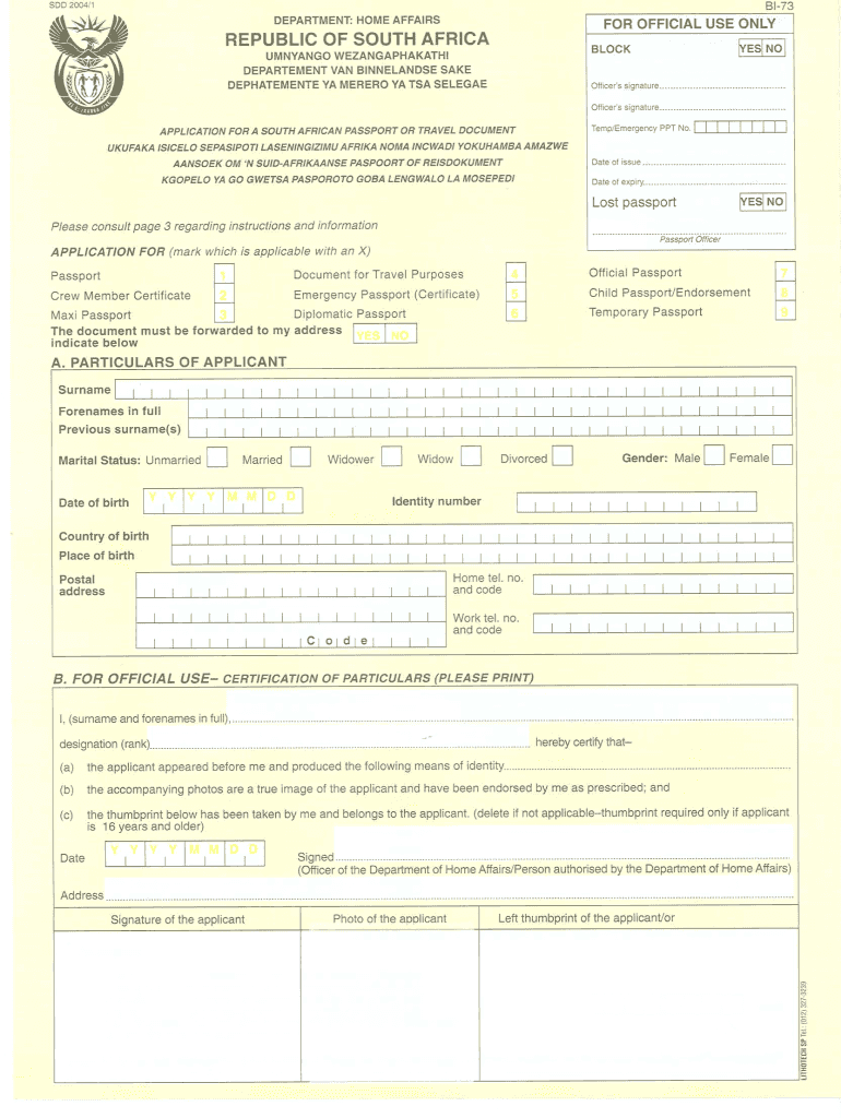 Fillable Online BI73 Application for a South African Passport or Travel Document Fax Email Print ...