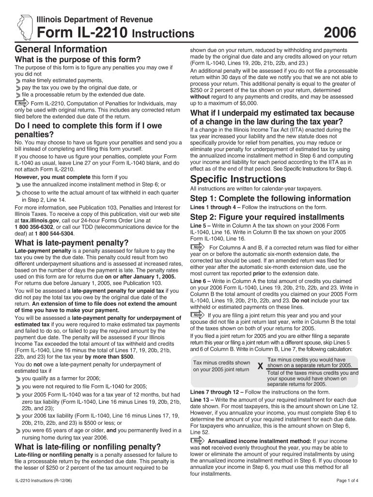 Fillable Online tax illinois 2006 IL-2210 Instructions. Income Tax ...