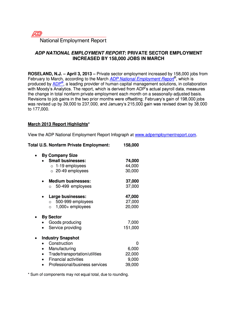 Fillable Online ADP National Employment Report. ADP National Employment ...