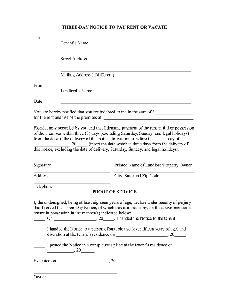 Florida 3 Day Notice Pay Rent Fill Online Printable Fillable Blank PdfFiller
