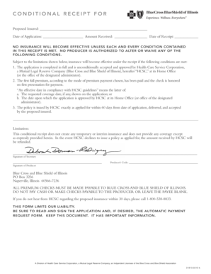 Fillable Online CONDITIONAL RECEIPT FOR - Blue Cross Blue Shield of ...