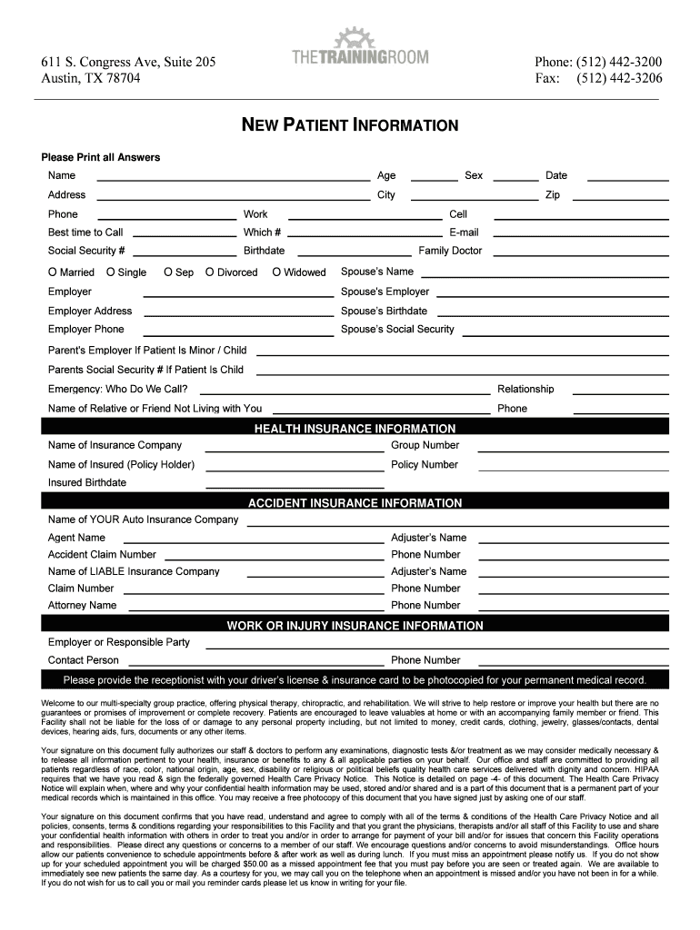 Fillable Online NEW PATIENT INFORMATION - the training room Fax Email ...