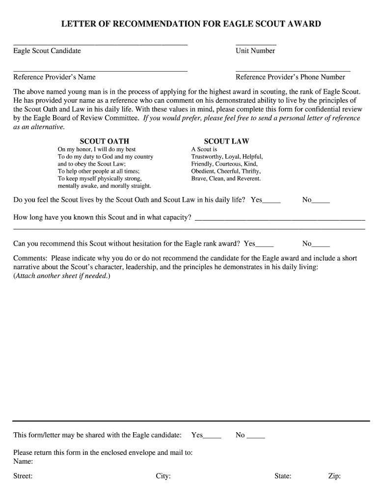 Eagle Scout Letter Of Recommendation Template Fill Online Printable Fillable Blank PdfFiller