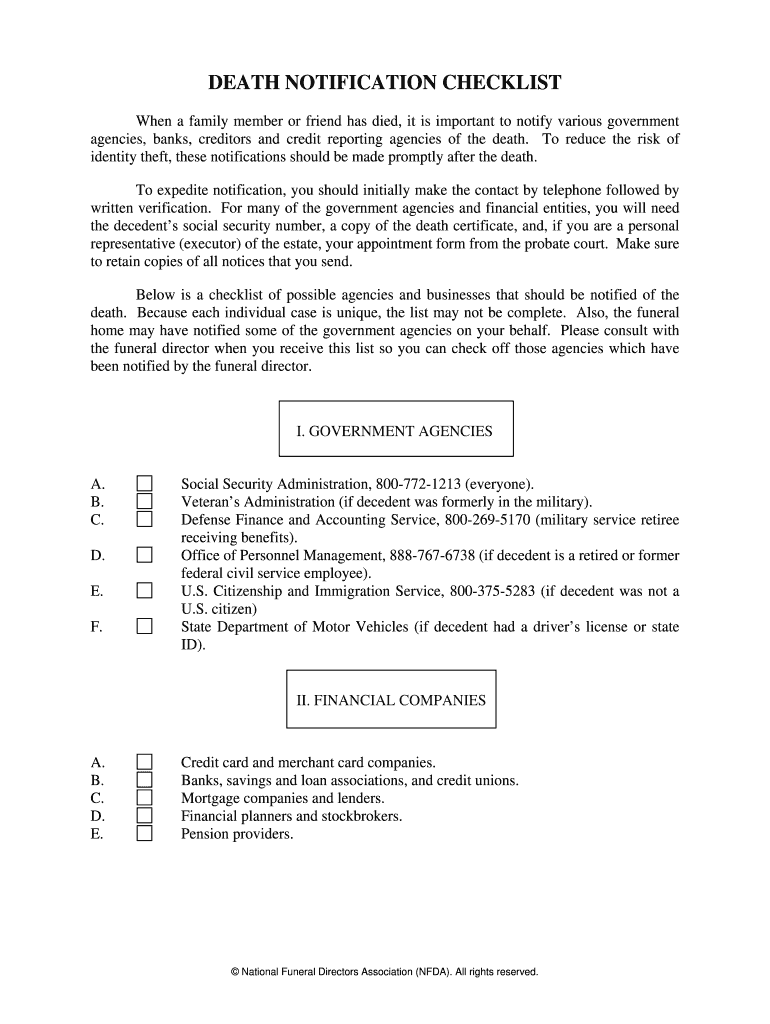 Notification Of Death Fill Online Printable Fillable Blank PdfFiller