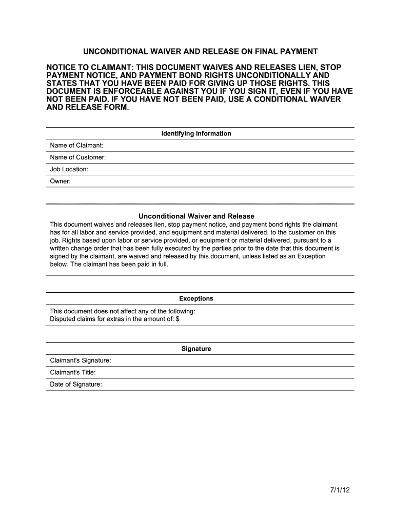 Unconditional Lien Waiver Template Fill Online Printable Fillable 