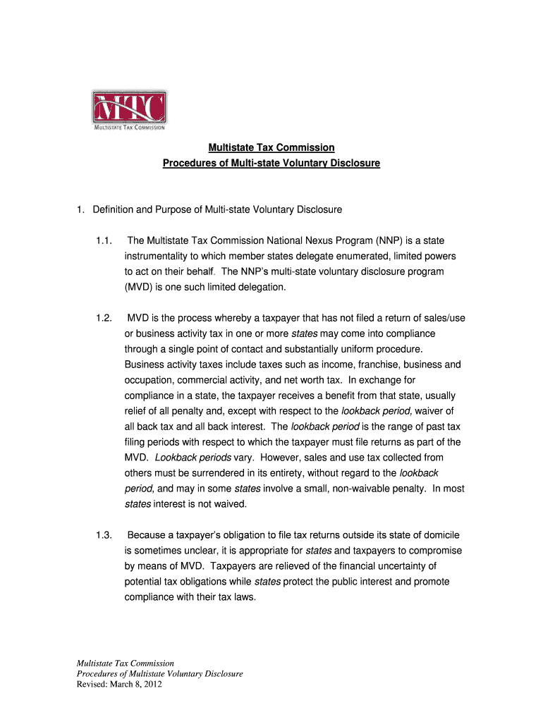Fillable Online mtc Procedures of Multi-state Voluntary Disclosure ...