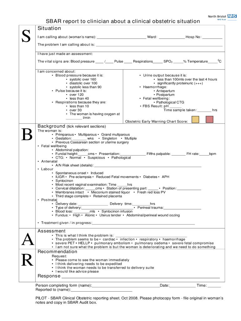 Sbar Template Pdf Fill Online Printable Fillable Blank PdfFiller