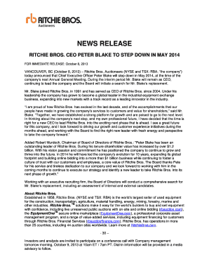 Fillable Online RITCHIE BROS. CEO PETER BLAKE TO STEP DOWN IN MAY 2014 ...