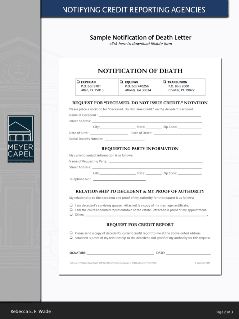 Sample Notification Of Death Letter To Credit Reporting Agencies 2020 