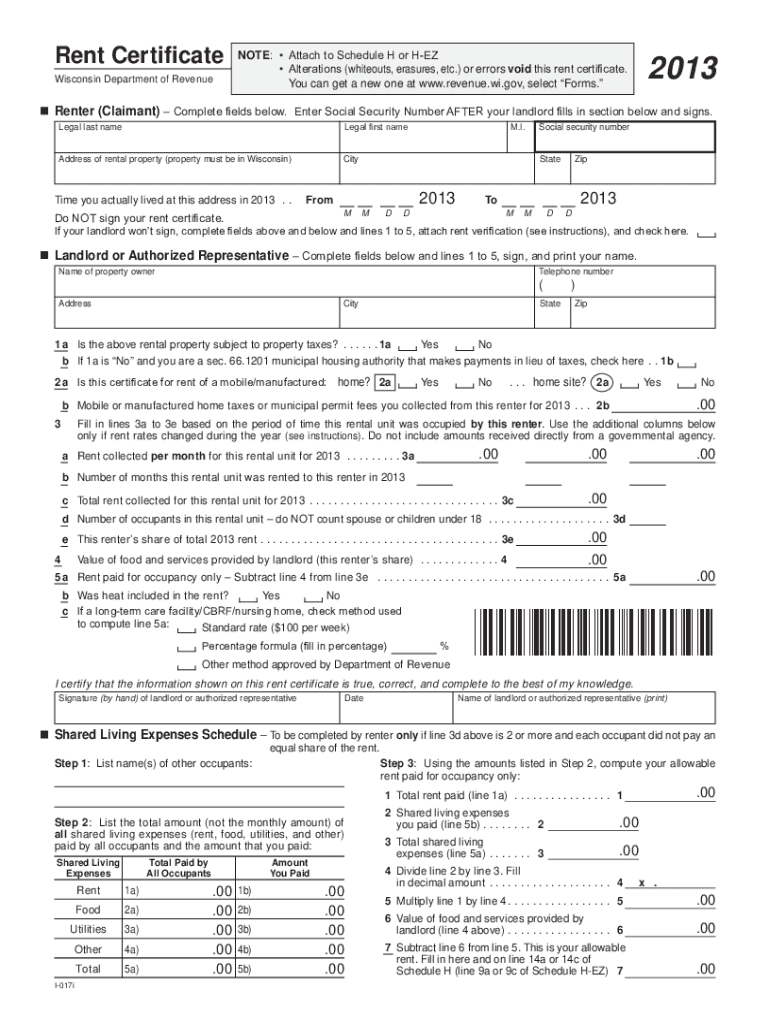 2013 2023 Form WI Rent Certificate Fill Online Printable Fillable 