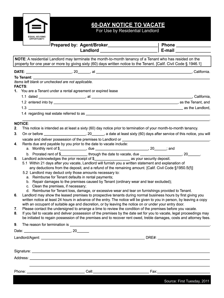 60 Day Notice To Vacate California Fill Out Sign Online DocHub