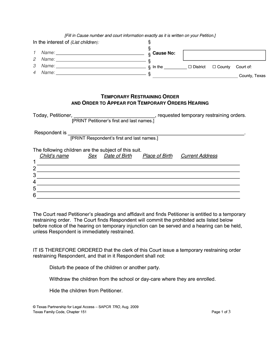 TX Temporary Restraining Order And Order To Appear For Temporary Orders 