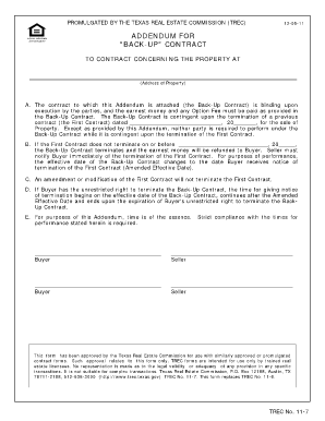Fillable Online trec state tx 11-7, ADDENDUM FOR "BACK-UP" CONTRACT, 12 ...