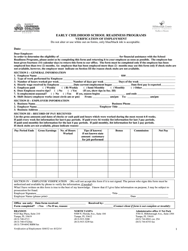 Fillable Online earlychildhood mysdhc Verification of Employment ...