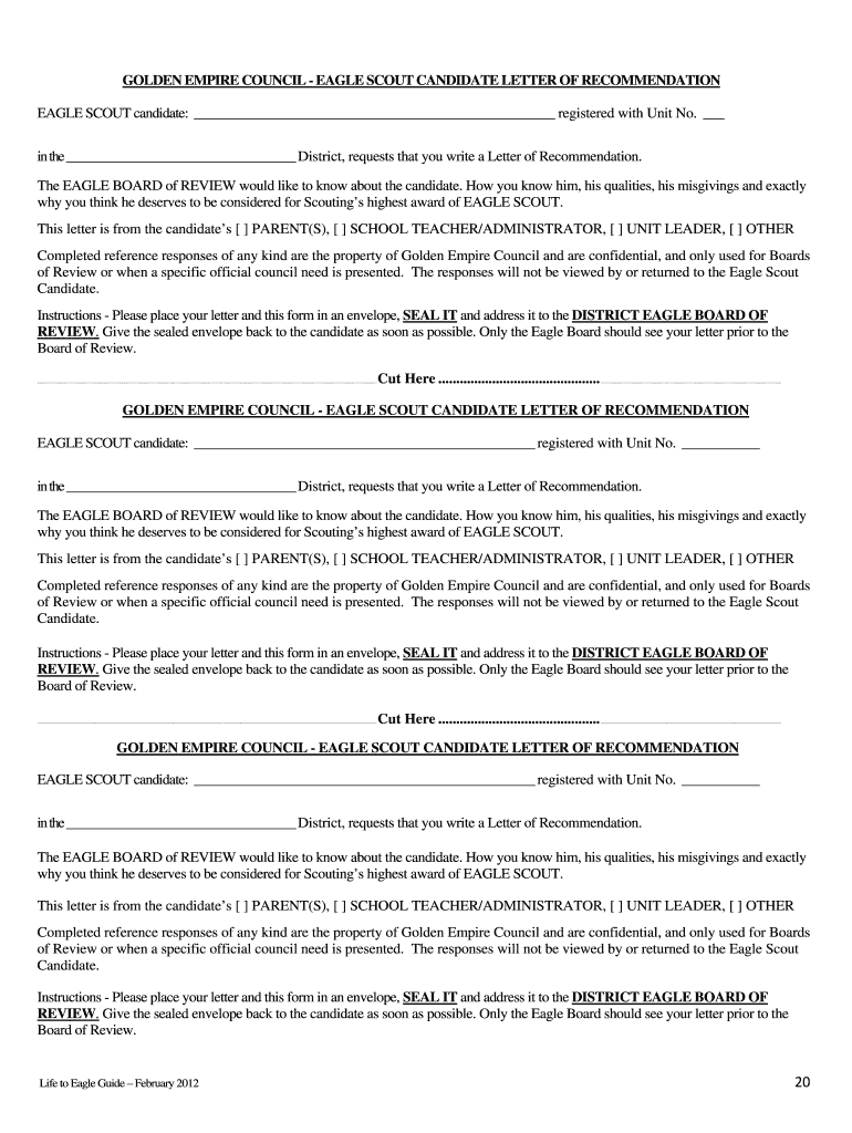 2012 Form Boy Scouts Of America Eagle Scout Candidate Letter Of 