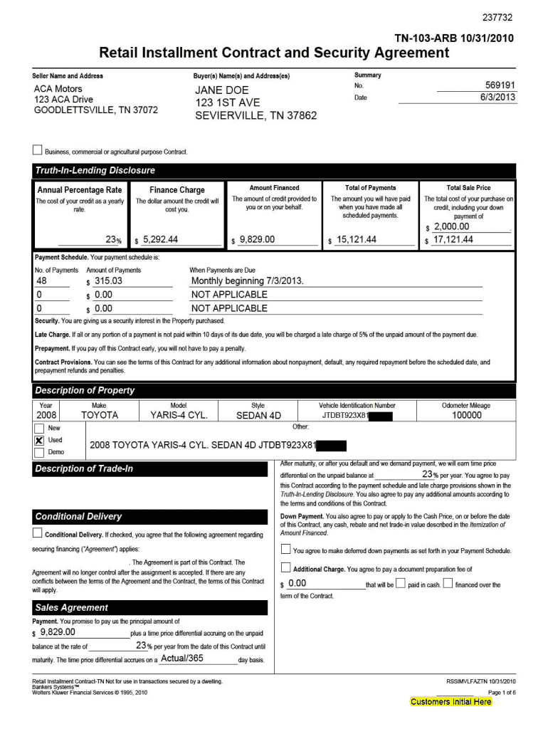 Motor Vehicle Retail Installment Sales Contract Pdf Fill Online