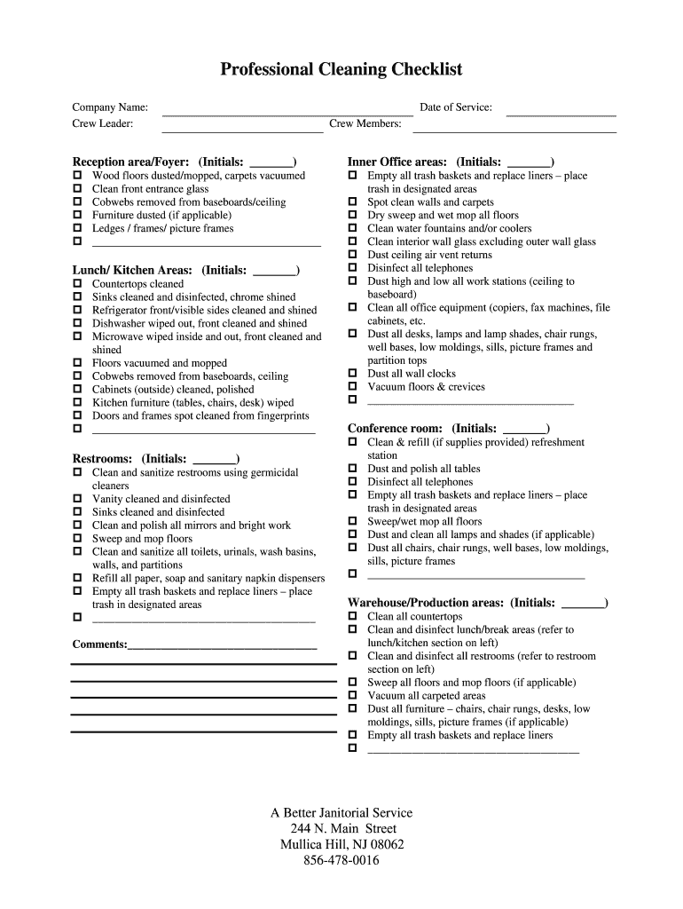 Janitorial Checklist Fill And Sign Printable Template Online US 